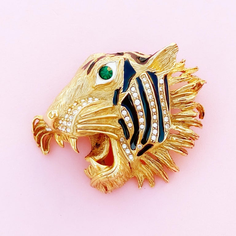 Gilt, Enamel and Crystal Diamante Tiger Head Brooch By Erwin Pearl ...