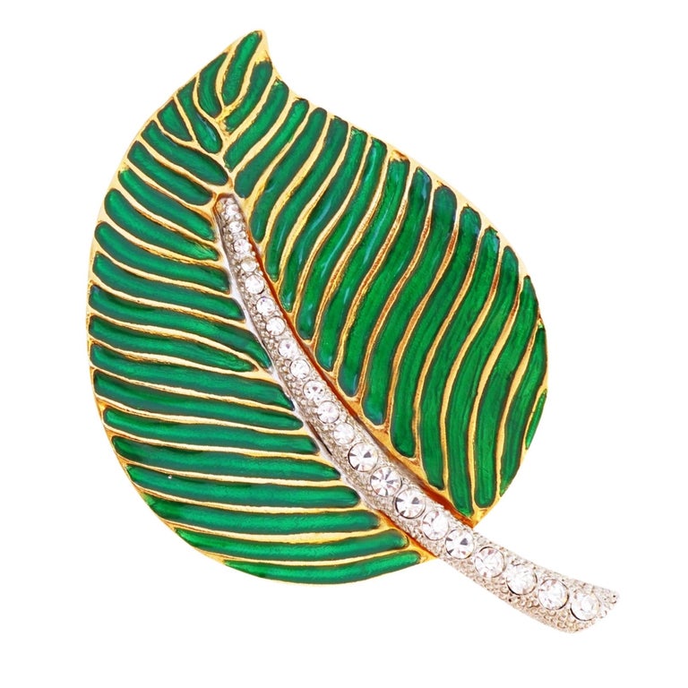Gilt and Green Enamel Leaf Brooch With Crystals By Kenneth Jay Lane ...