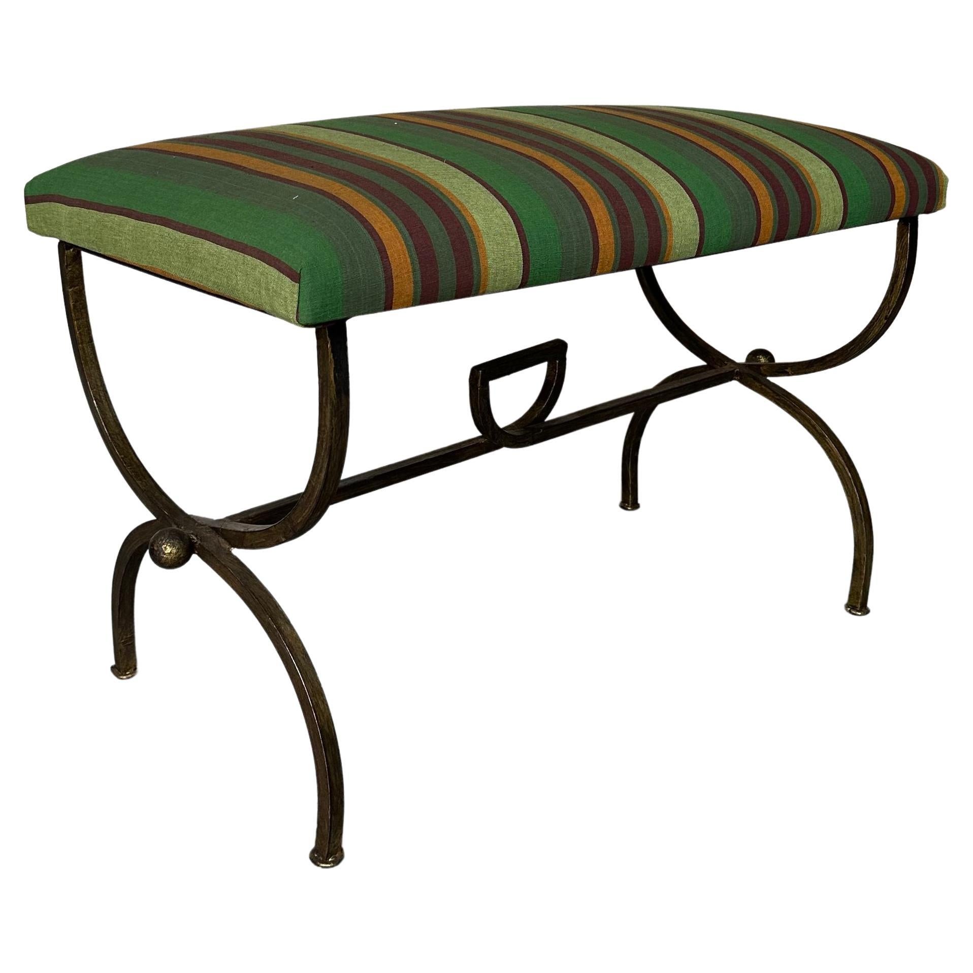 Spanish Gilt Iron Bench in Striped Fabric For Sale at 1stDibs