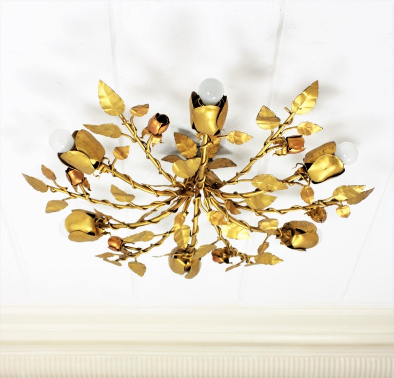 Gilt Iron Rosebush Tree Ceiling Light Fixture or Chandelier, Spain ...