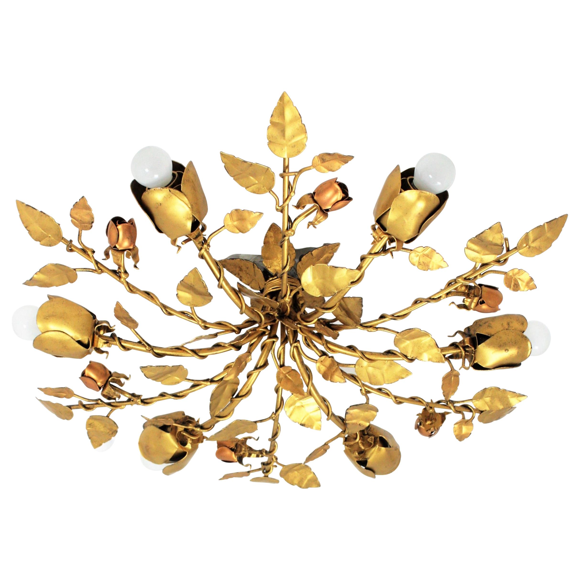 Gilt Iron Rosebush Tree Ceiling Light Fixture or Chandelier, Spain ...