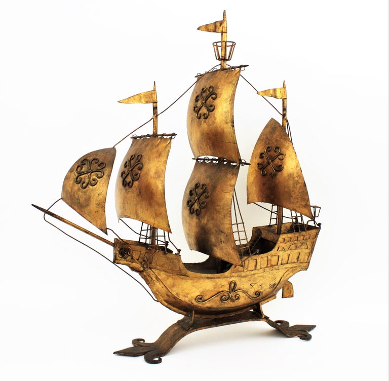 Gilt Iron Spanish Galleon / Sailing Ship Sculpture in the Style of ...
