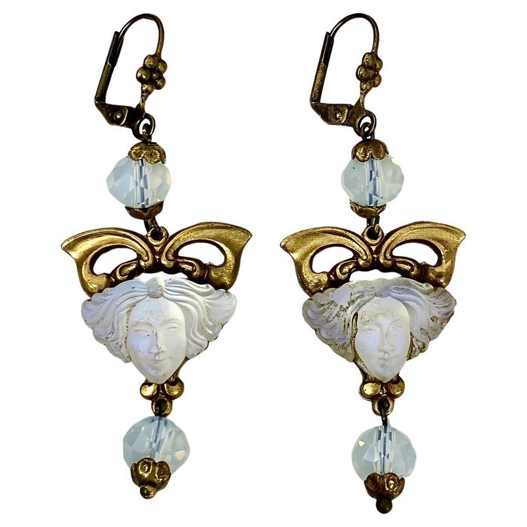 Gilt Metal Drop Earrings with Opaline Glass Lady Heads and Opaline ...
