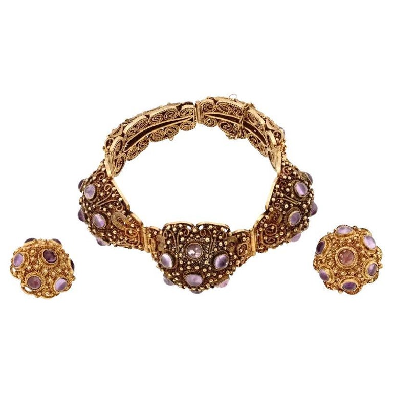 Gilt Silver Filigree And Amethyst Jewelry Set For Sale at 1stDibs