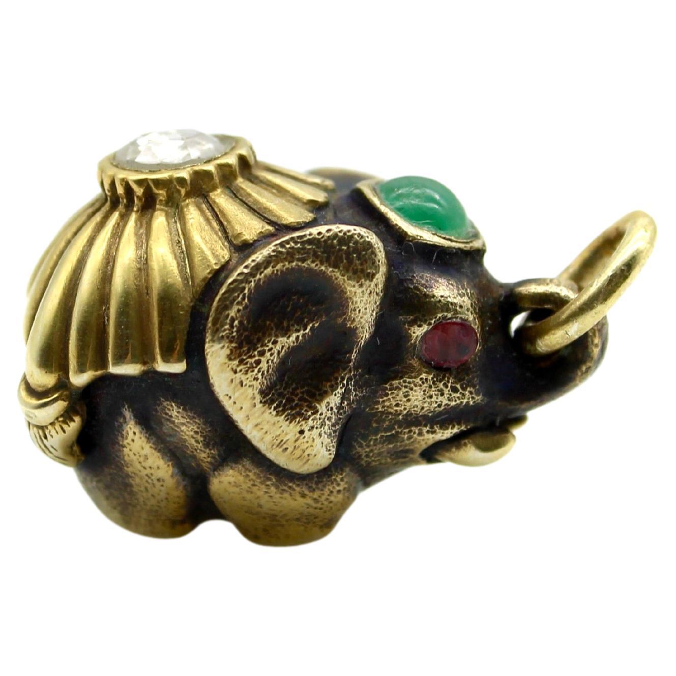 Gilt Silver Russian Elephant with Diamond, Emerald, and Rubies Pendant ...