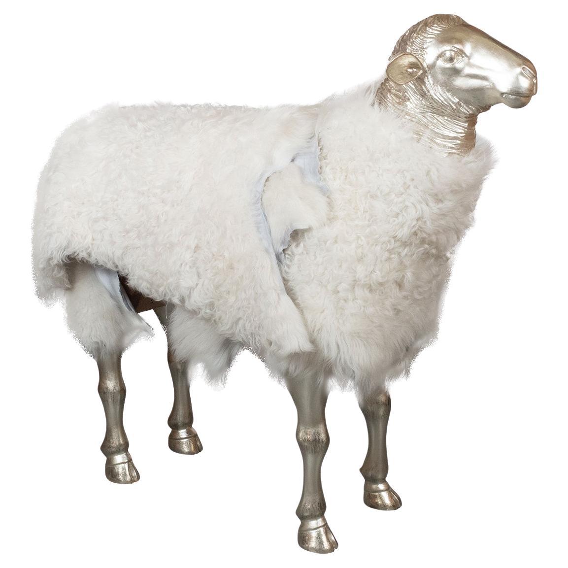 Sheep Sculpture / Footrest in Brass and Real Wool at 1stDibs