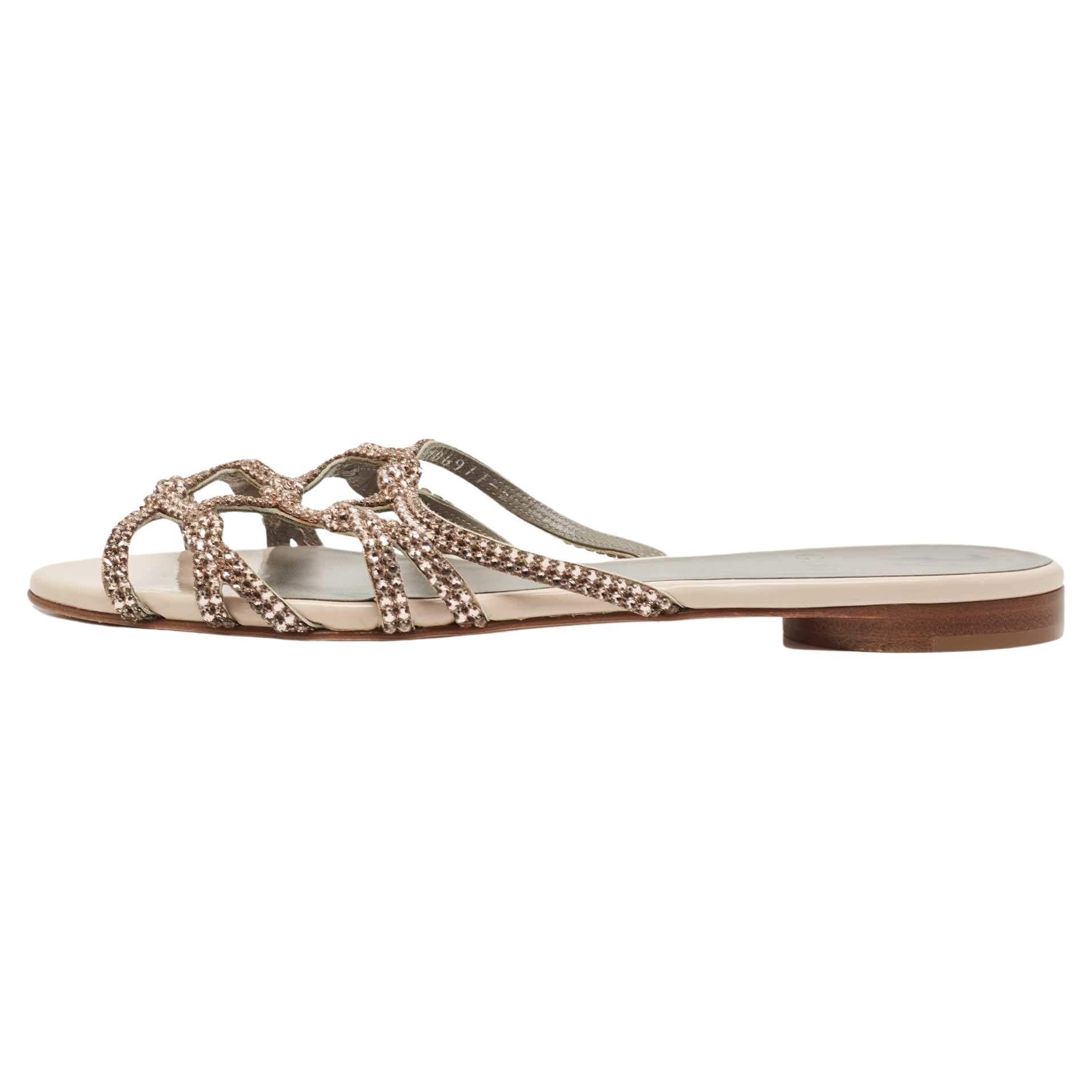 Gina Beige Patent Leather Crystal Olson Flat Slides Size 39 For Sale at ...