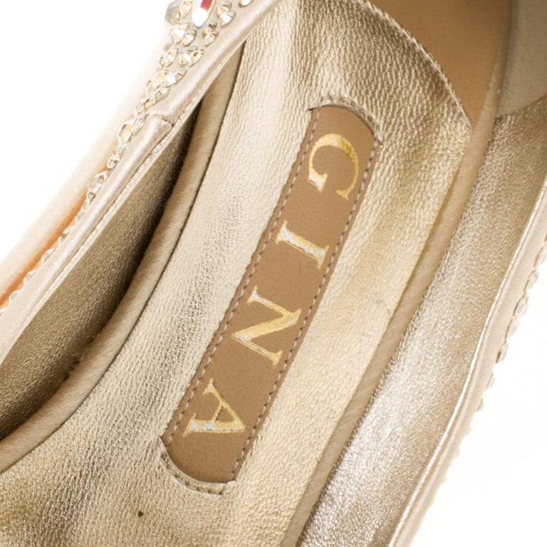 Gina Beige Satin Crystal Embellished Peep Toe Platform Pumps Size 37 at ...
