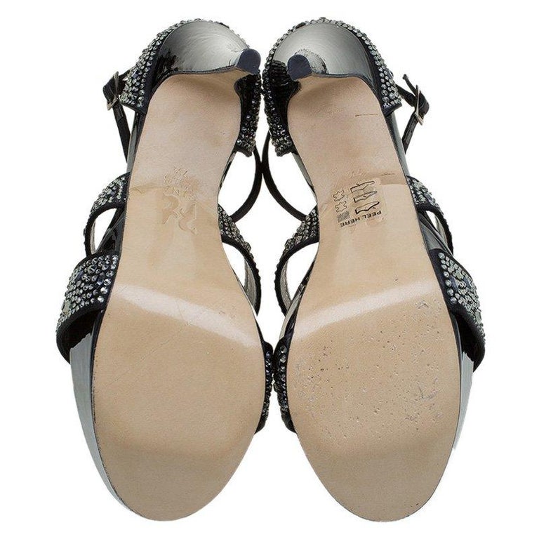 Gina Black Crystal Embellished Leather T Strap Platform Sandals Size 38 ...