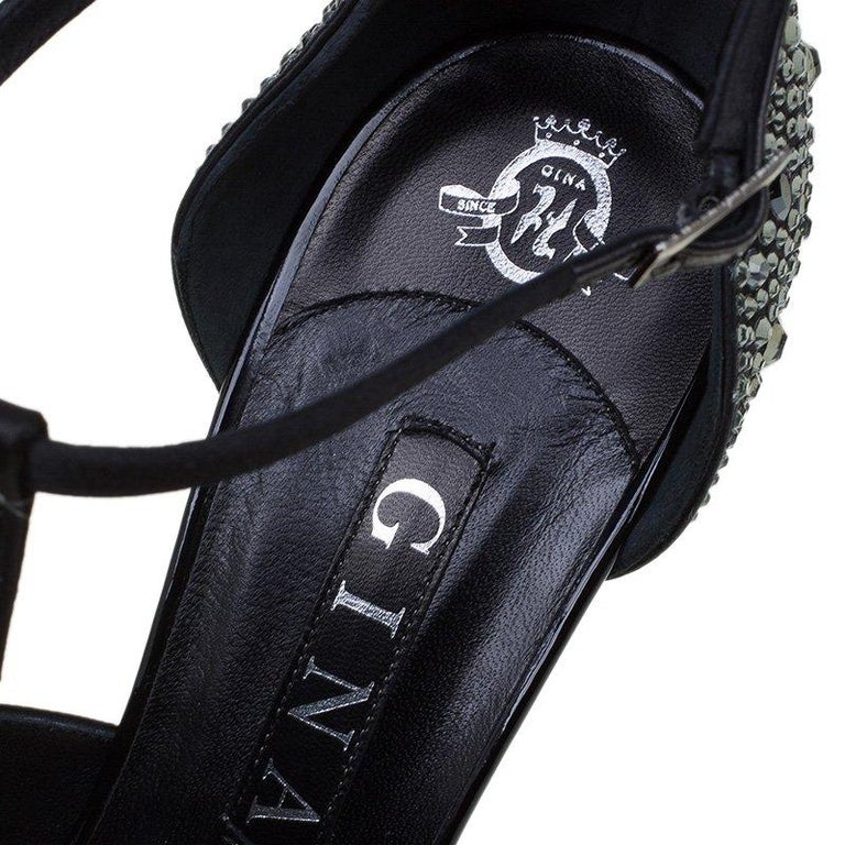 Gina Black Crystal Embellished Leather T Strap Platform Sandals Size 38 ...