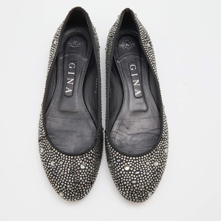 Gina Black Crystal Embellished Satin Ballet Flats Size 39 For Sale at ...