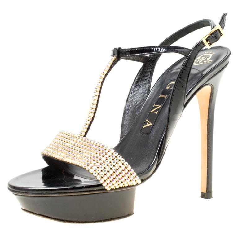 Gina Black Patent Leather Crystal Embellished Platform Sandals Size 37 ...