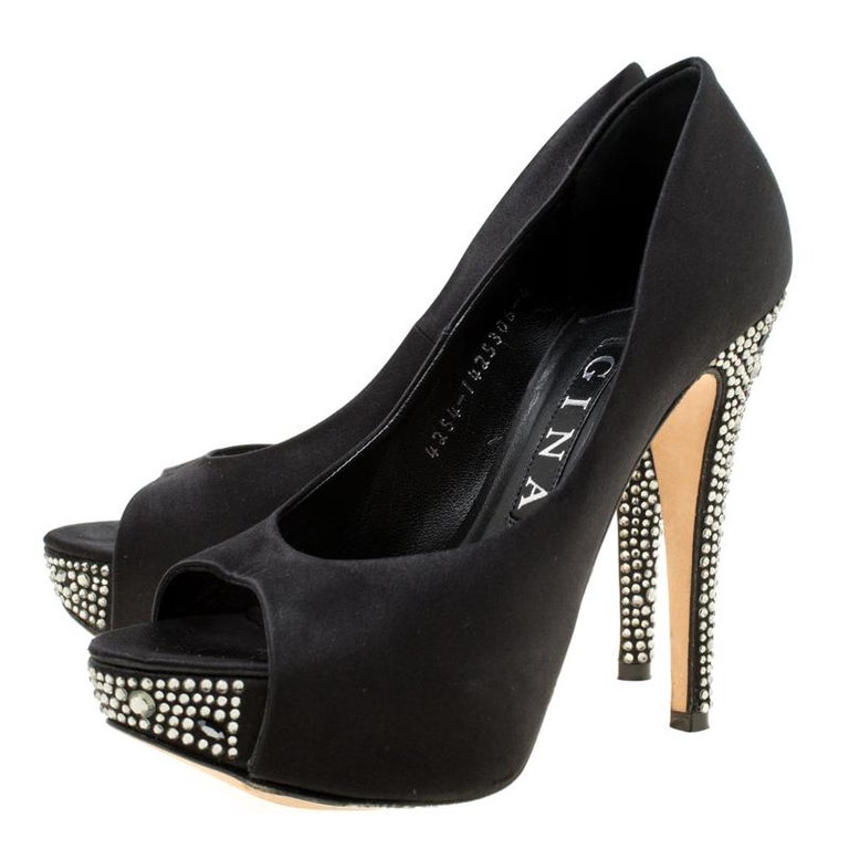 Gina Black Satin Crystal Embellished Peep Toe Platform Pumps Size 37 ...