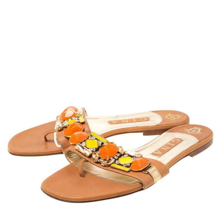 Gina Brown Leather Crystal Embellished Flat Slides Size 39 For Sale at ...