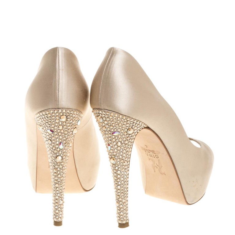 Gina Cream Satin Crystal Embellished Peep Toe Platform Pumps Size 37 at ...