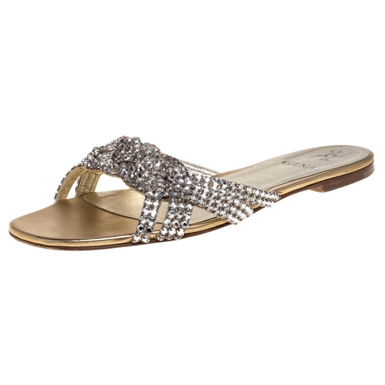 Gina Gold Crystal Embellished Leather Flat Slides Size 40 at 1stDibs ...