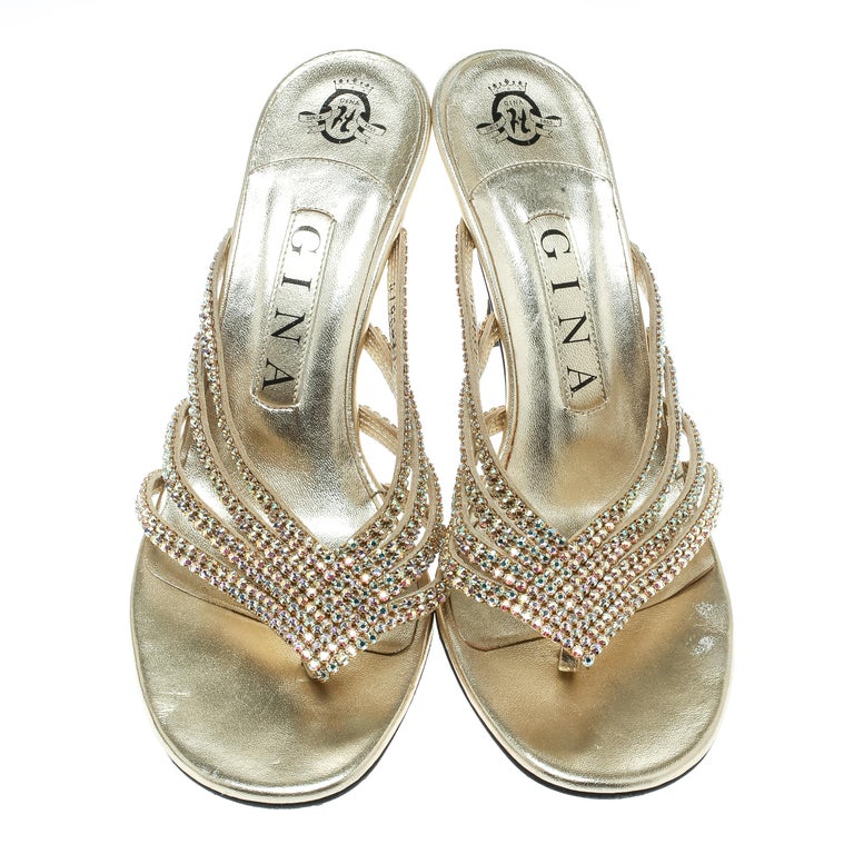 Gina Gold Crystal Embellished Leather Sandals Size 37 For Sale at 1stDibs