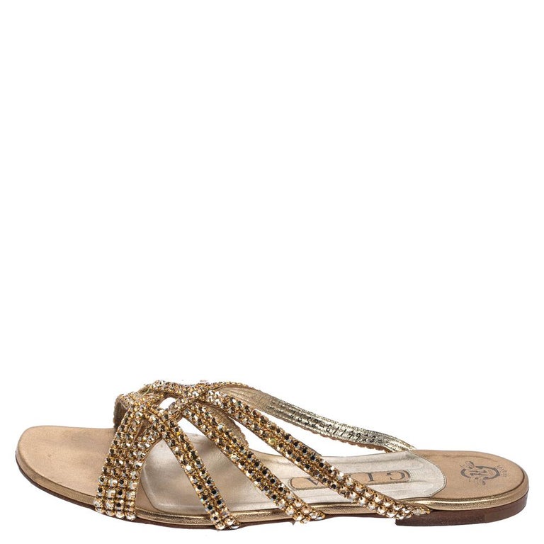 Gina Gold Leather Crystal Embellished Flat Slides Size 38.5 at 1stDibs
