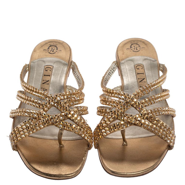 Gina Gold Leather Crystal Embellished Flat Slides Size 38.5 at 1stDibs