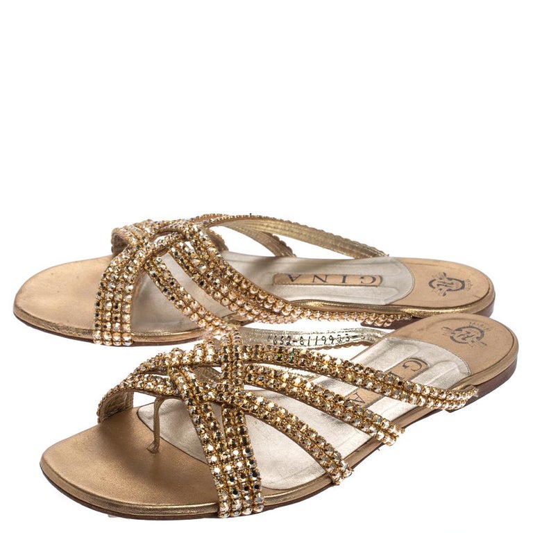 Gina Gold Leather Crystal Embellished Flat Slides Size 38.5 at 1stDibs
