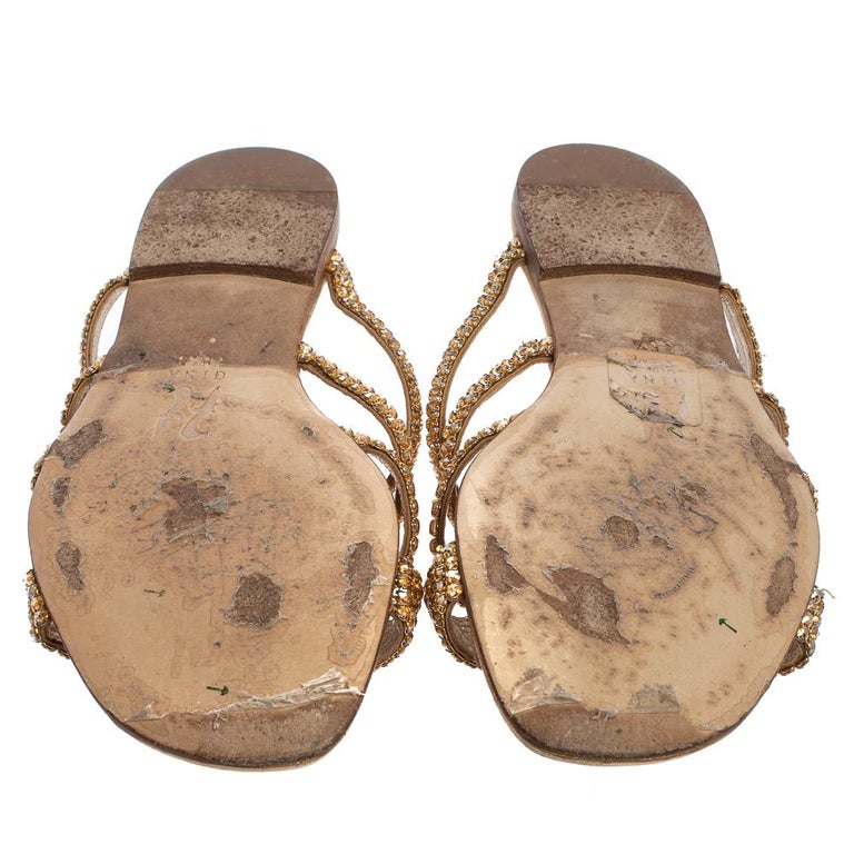 Gina Gold Leather Crystal Embellished Flat Slides Size 38.5 at 1stDibs