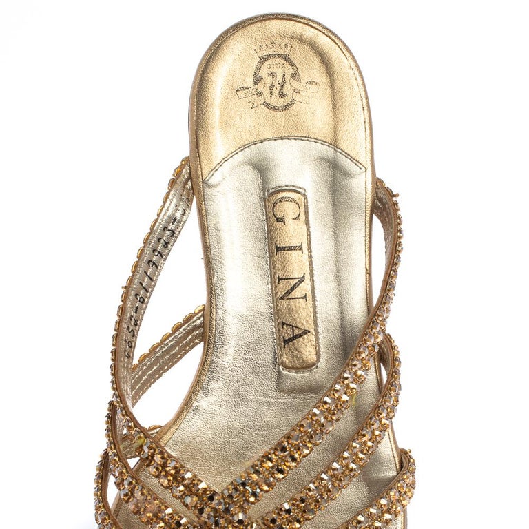 Gina Gold Leather Crystal Embellished Flat Slides Size 38.5 at 1stDibs