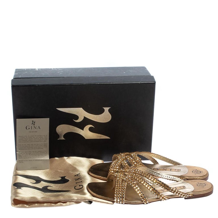Gina Gold Leather Crystal Embellished Flat Slides Size 38.5 at 1stDibs