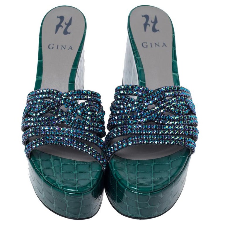 Gina Green Croc Embossed Leather Embellished Wedge Platform Sandals ...