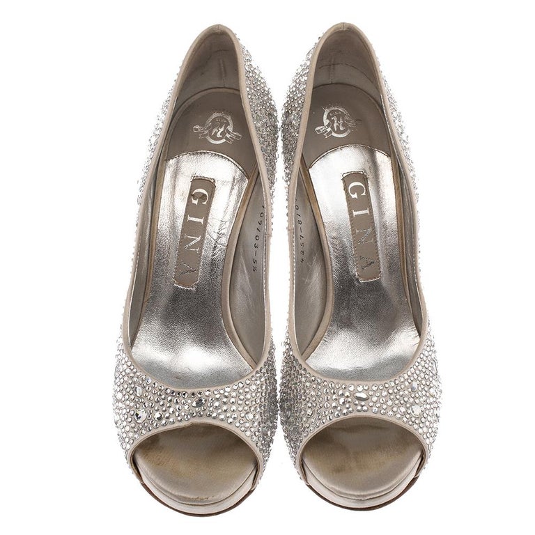 Gina Grey Satin Crystal Embellished Peep Toe Platform Pumps Size 38.5 For Sale at 1stDibs