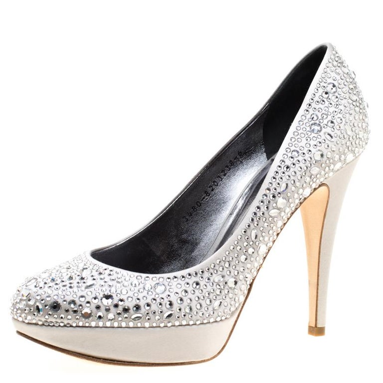 Gina Light Grey Crystal Embellished Satin Platform Pumps Size 39 For ...
