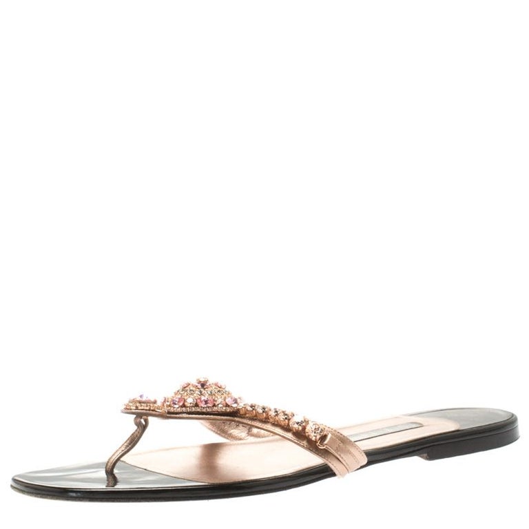 Gina Metallic Rose Gold Crystal Embellished Thong Flat Slides Size 41 ...
