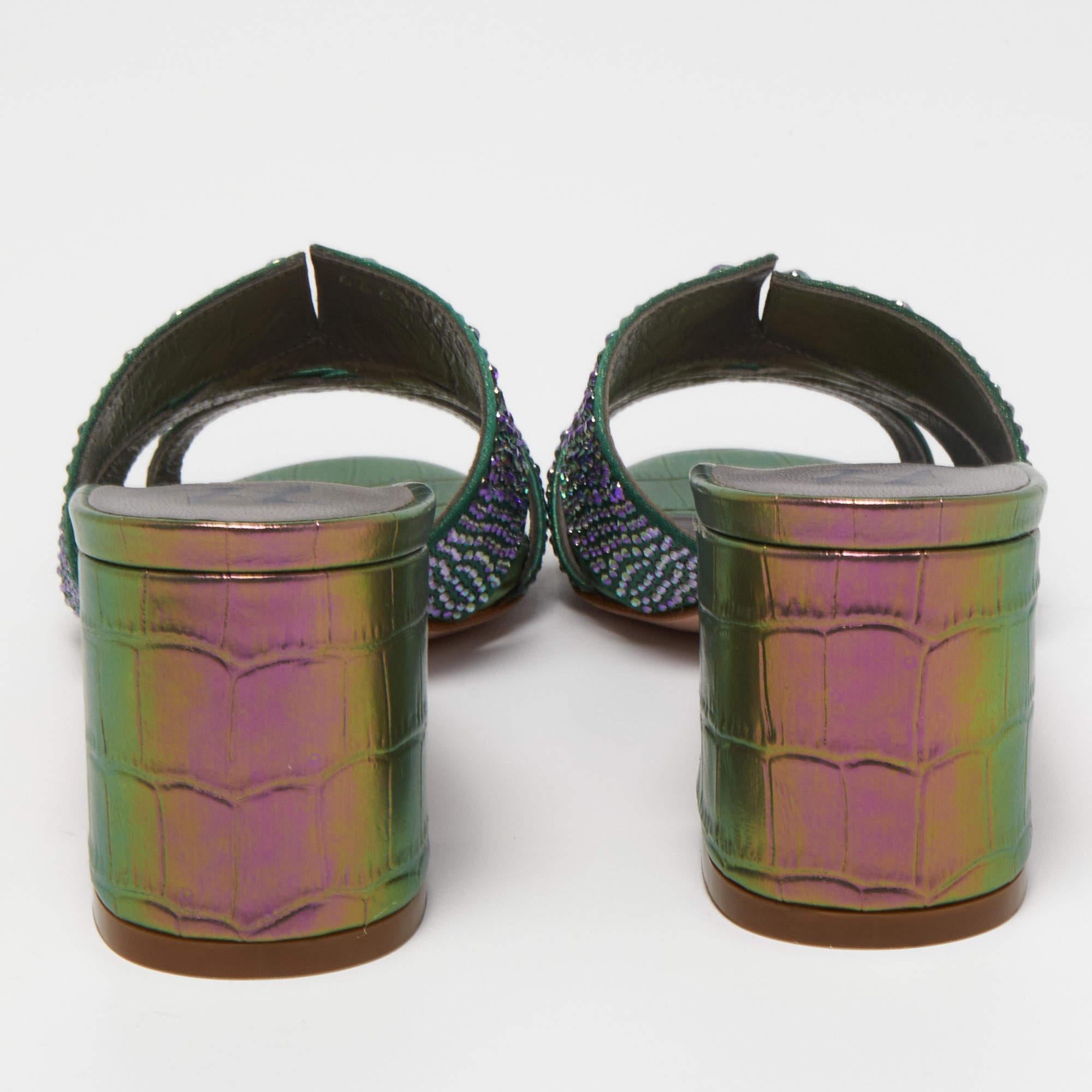 Gina Multicolor Croc Embossed Leather Embellished Slides For Sale at ...