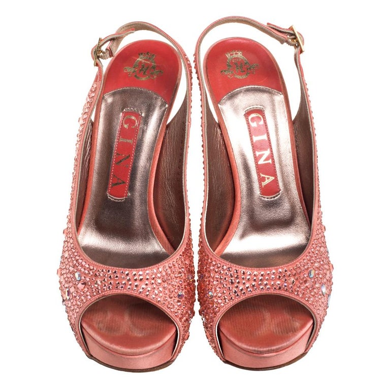 Gina Pink Satin Crystal Embellished Peep Toe Slingback Sandals Size 37. ...