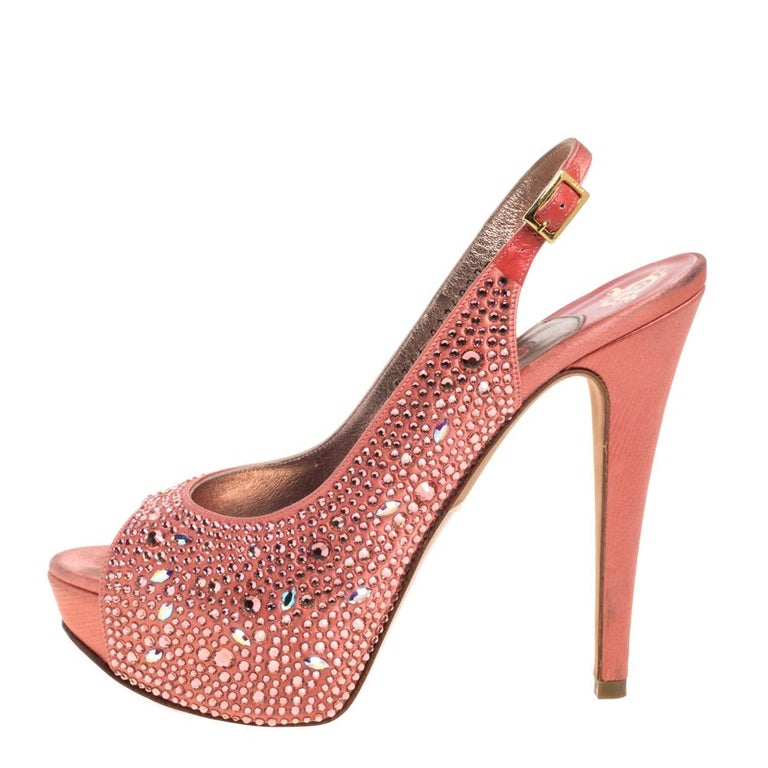 Gina Pink Satin Crystal Embellished Peep Toe Slingback Sandals Size 37. ...