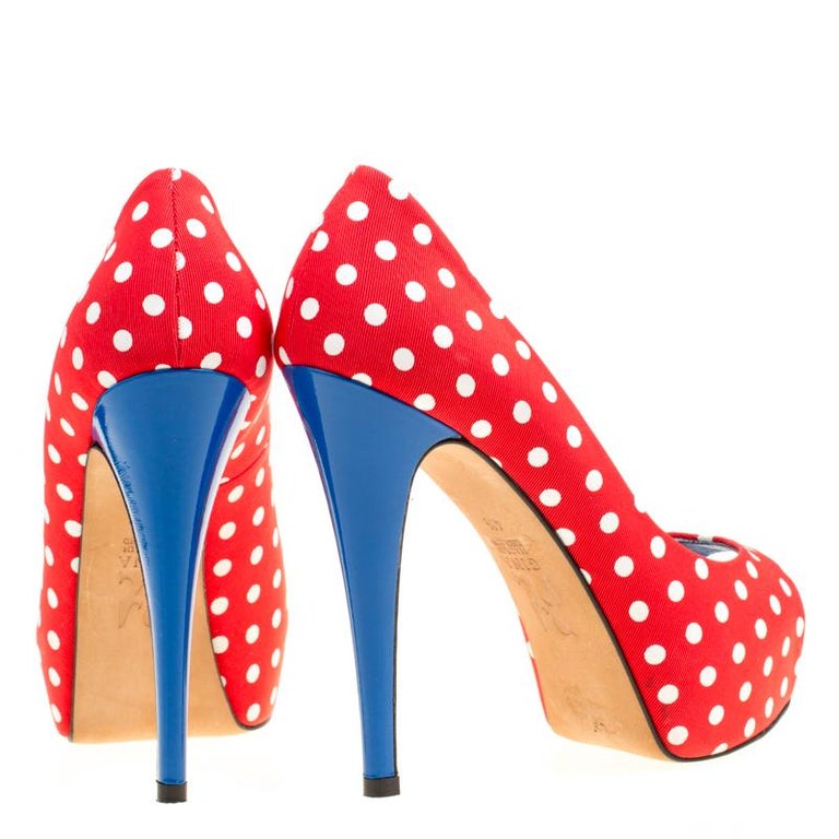Gina Tricolor Polka Dot Print Canvas Peep Toe Platform Pumps Size 37.5 ...