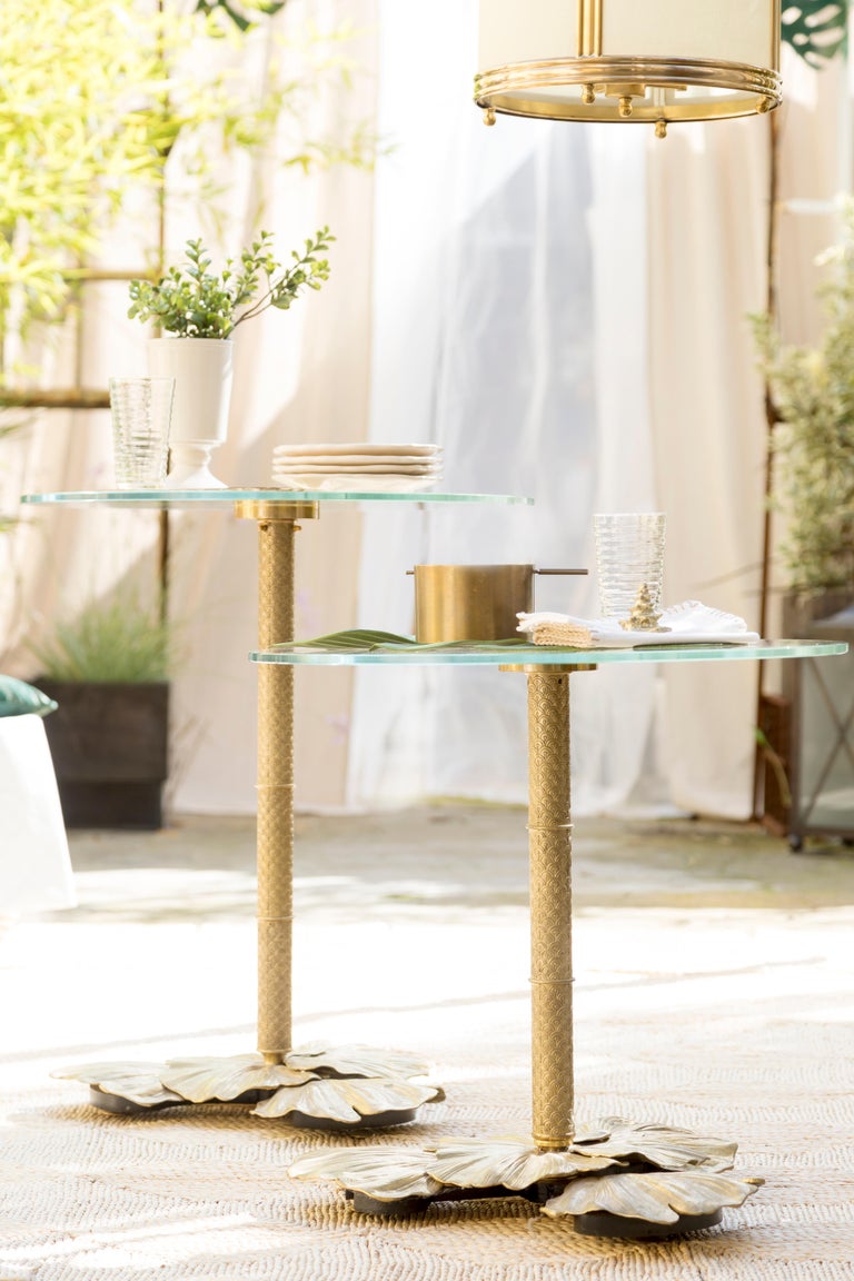 Ginkgo Biloba Side Table with Casting Brass Structure and Clear Glass ...