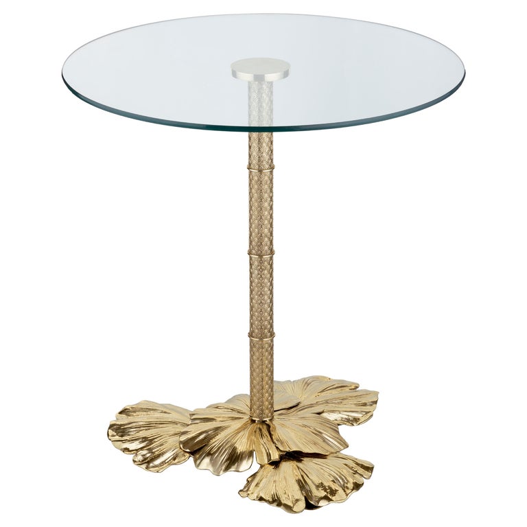 Ginkgo Biloba Side Table with Casting Brass Structure and Clear Glass ...