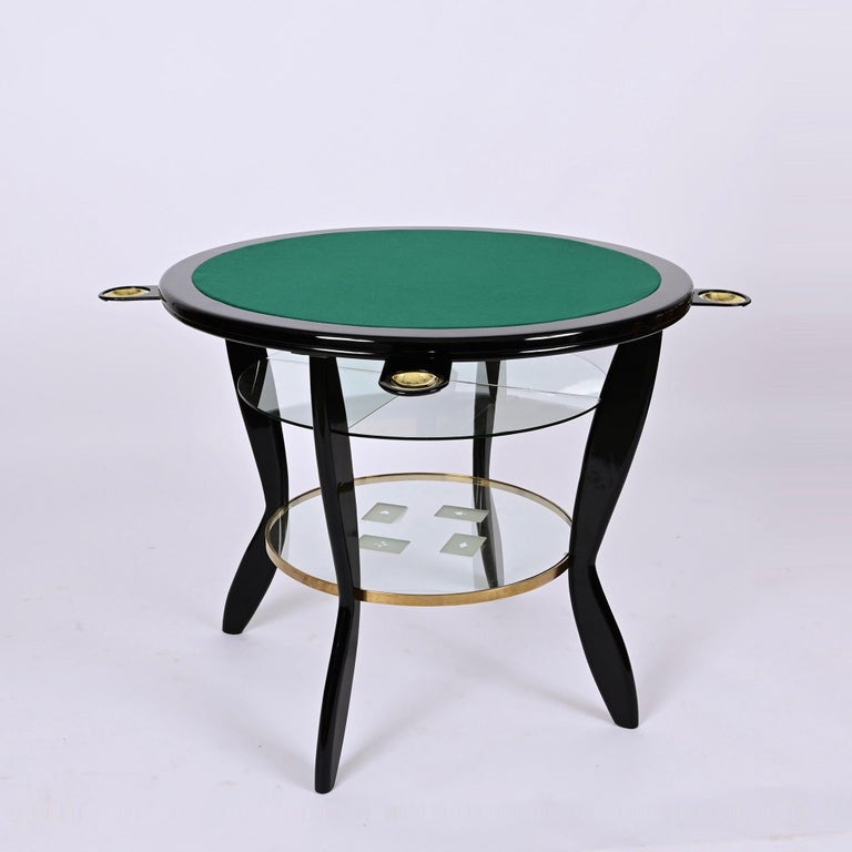 Gio Ponti Style Ebonized Beech and Brass Italian Game Table with Glass ...