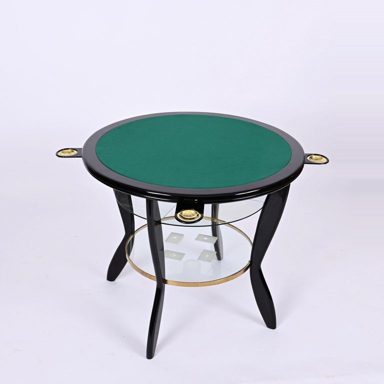 Gio Ponti Style Ebonized Beech and Brass Italian Game Table with Glass ...
