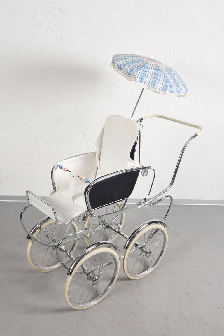 Giordani Midcentury Steel and White Fabric Italian Baby Pram Stroller ...