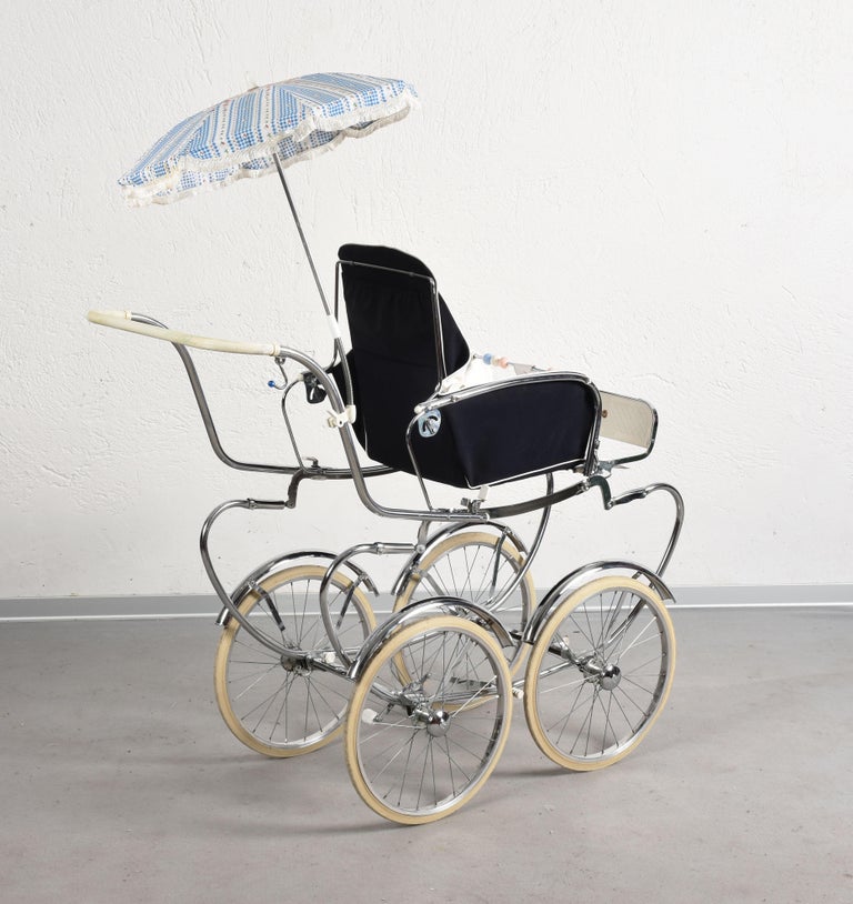 Giordani Midcentury Steel and White Fabric Italian Baby Pram Stroller ...