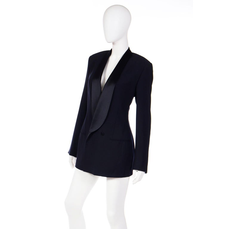 Giorgio Armani Black Wool Vintage Longline Tuxedo Jacket For Sale at 1stDibs