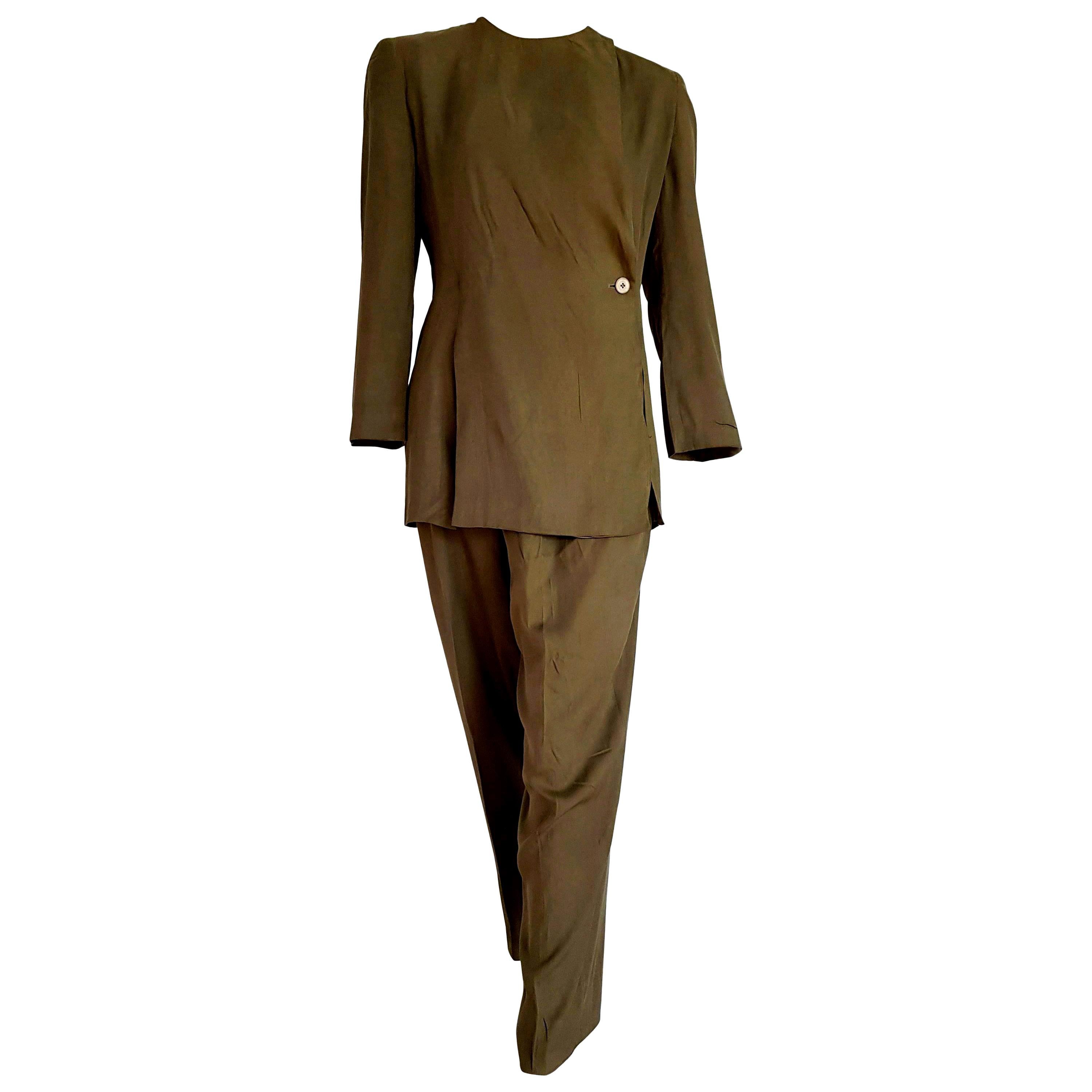 1990s Sylvia Heisel Olive Green Kaftan w/ Purple Silk Burnout Overdress ...