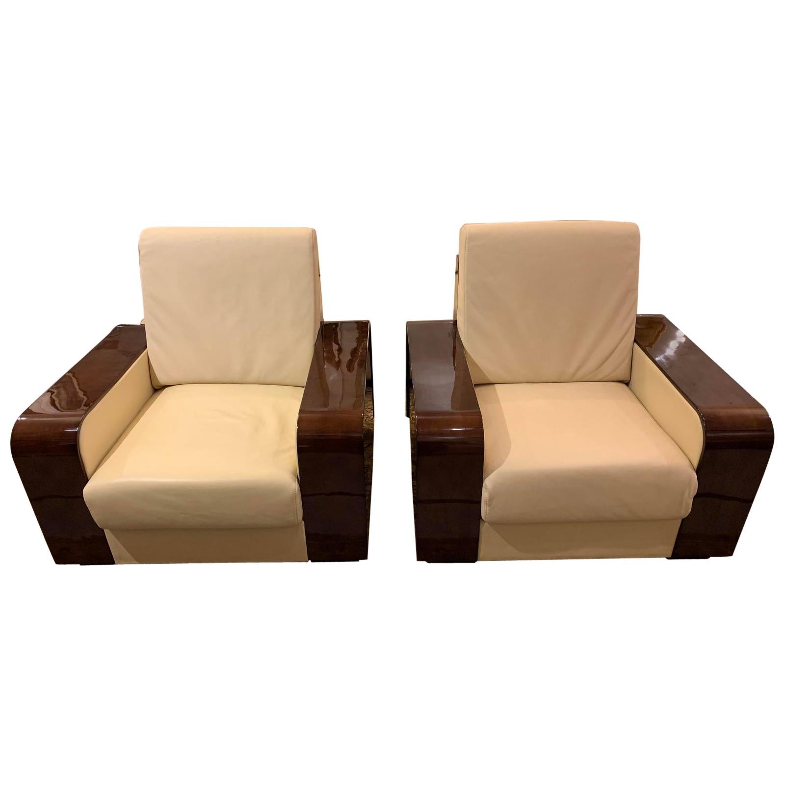 Giorgio Monte Carlo Collection Curly Sycamore and Leather Armchairs, a ...