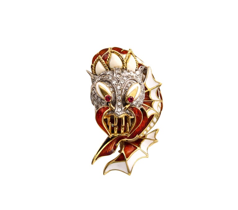 Giovanni Corletto 1960 Enameled Chinoiserie Dragon Brooch 18Kt Gold And ...