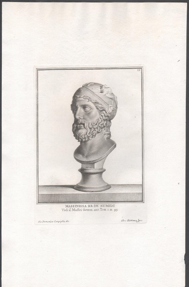 Masinissa, King of Nubia, C18th Grand Tour Classical antique engraving ...