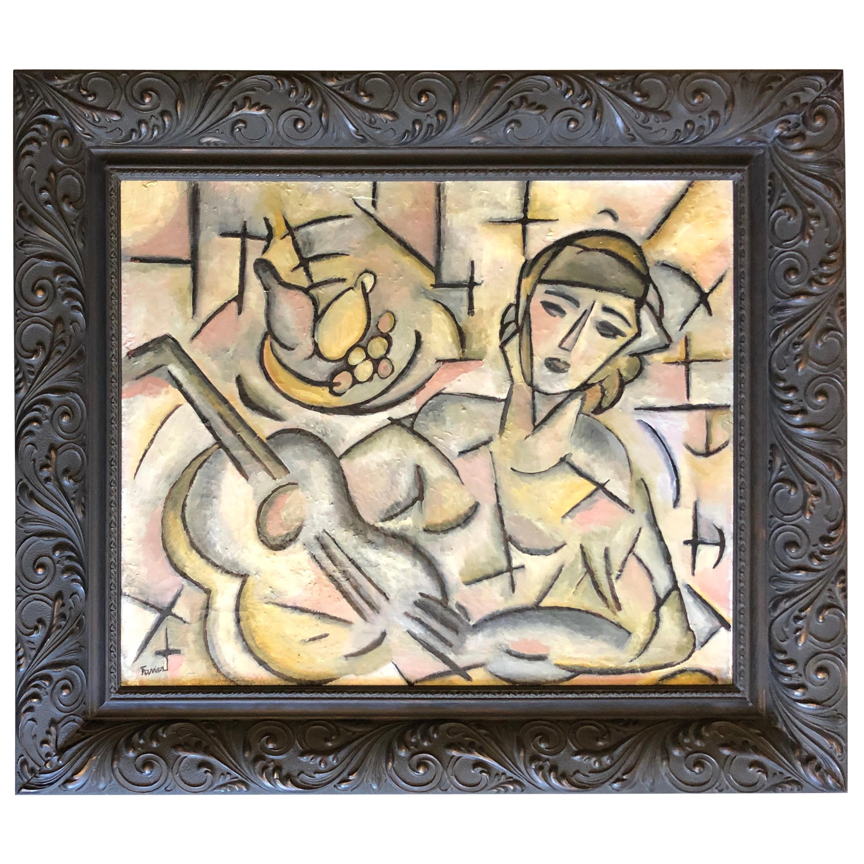 "Girl with Guitar" Cubist Painting by Pierre Favier at 1stDibs
