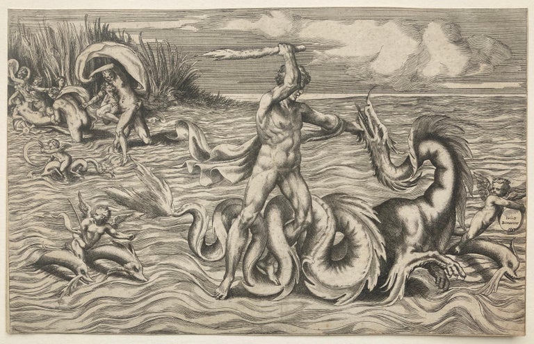Giulio Bonasone - HERCULES FIGHTS ADRAGON center, ACHELOUS CARRYING OFF ...