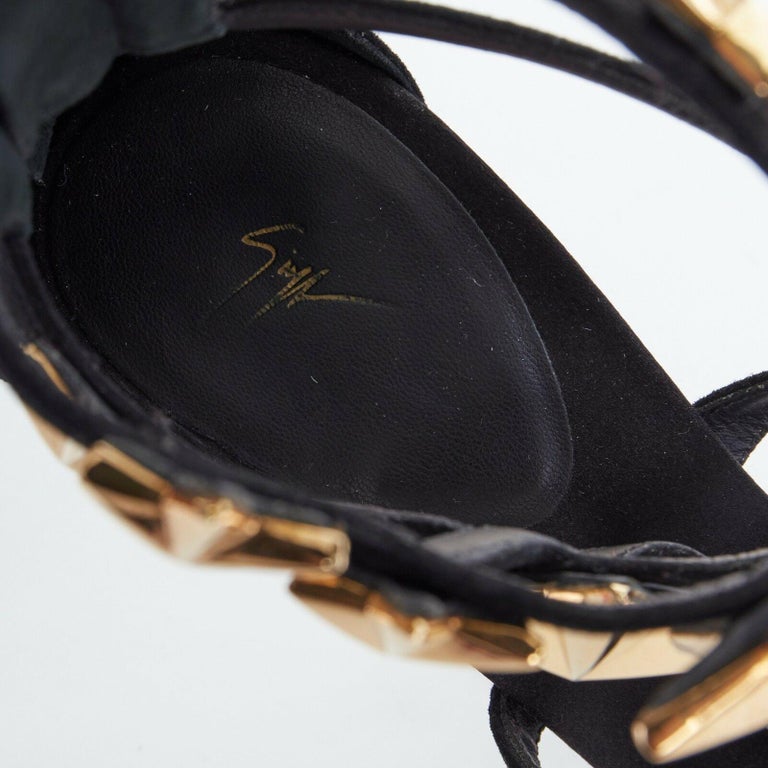 GIUSEPPE ZANOTTI Alien black suede leather gold star strappy sandals ...