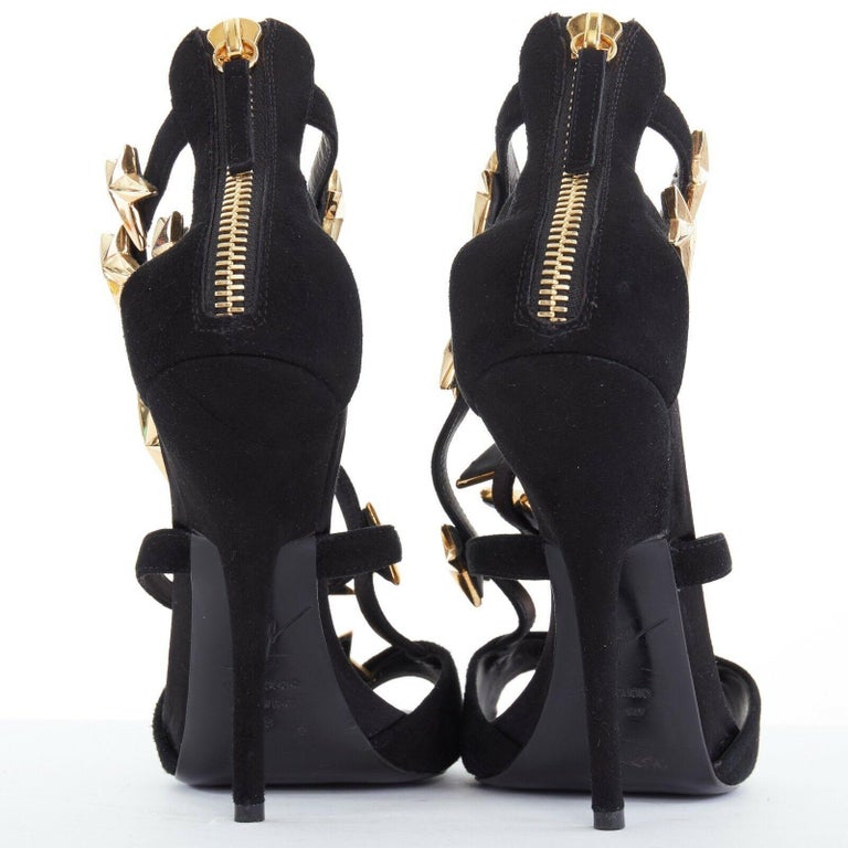 GIUSEPPE ZANOTTI Alien black suede leather gold star strappy sandals ...